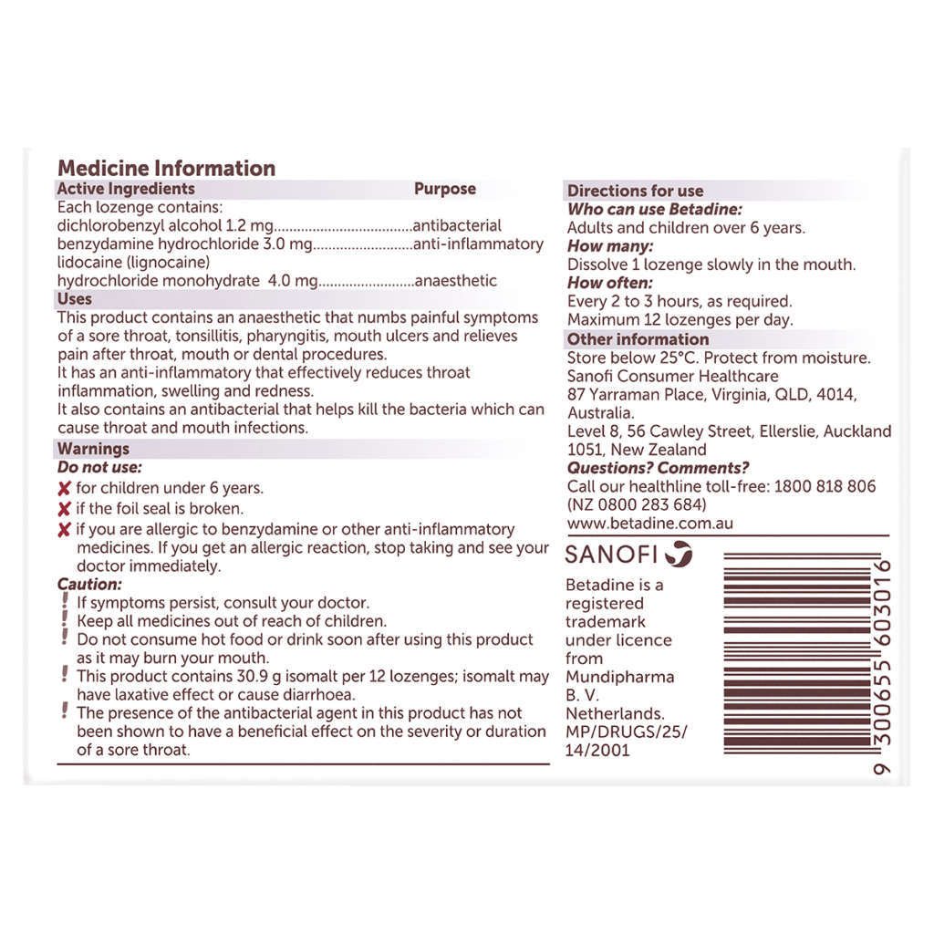 Betadine Sore Throat Anaesthetic Lozenges | Berry Flavour